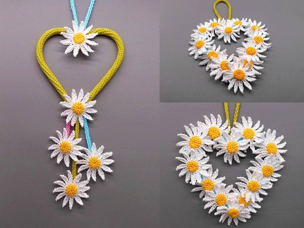 Crochet pattern daisies heart - easy from scraps of yarn