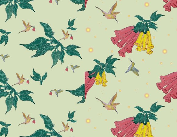 Digital paper hummingbirds and flowers seamless pattern