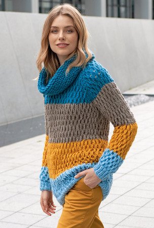 Strickanleitung: Langer Raglanpulli im Hebemaschen mit Blockstreifen