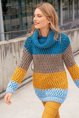 Strickanleitung: Langer Raglanpulli im Hebemaschen mit Blockstreifen