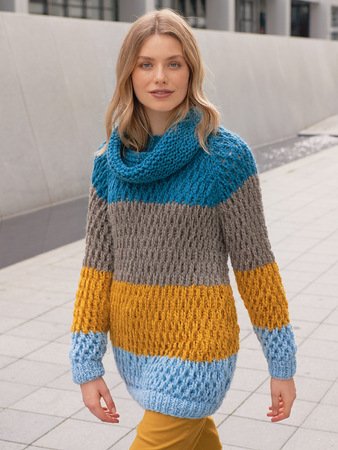 Strickanleitung: Langer Raglanpulli im Hebemaschen mit Blockstreifen