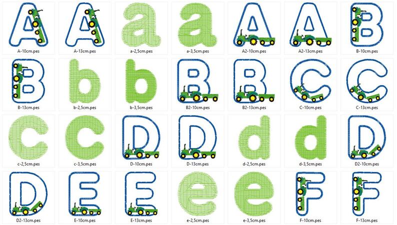 Stickdatei - Traktor Buchstaben Alphabet 10cm 13cm inkl. kleine Buchstaben