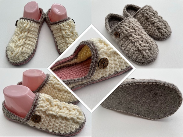 gehäkelte Hausschuhe/Slipper mit Zopfmuster und Filzsohle