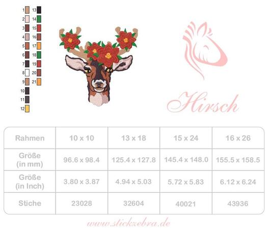 Hirsch mit Blumen, weihnachtlich als Stickdatei