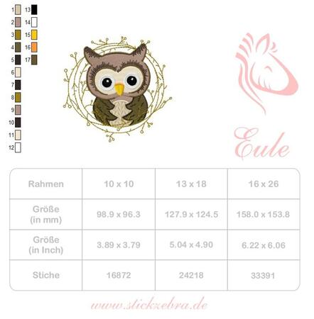Süße Waldeule, Eule mit Rahmen Stickdatei von Stickzebra
