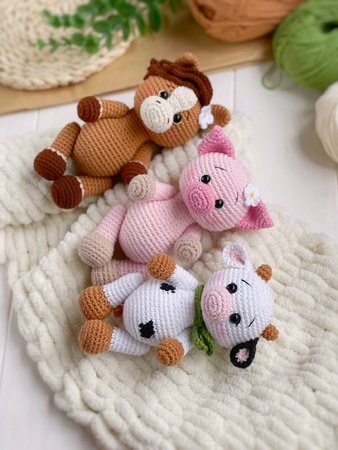 SET 3 Häkelanleitung amigurumi Bauernhof Tiere: Kuh, Schwein und Pferd