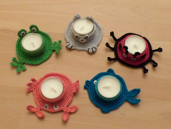 Häkelanleitung für Teelichthalter Tiere: Frosch Katze Käfer Fisch Krabbe