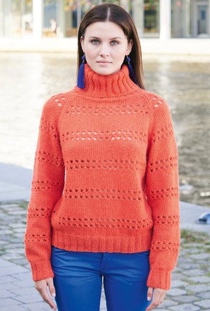 Korallenroter Raglanpulli mit Lochstreifen