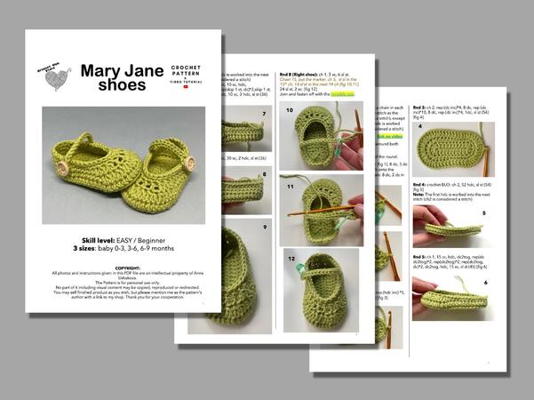 Mary Jane crochet baby shoes pattern PDF, 3 sizes girl soft sole crib shoes