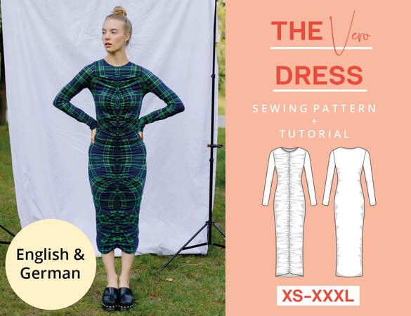 Jersey dress long sleeve dress sewing pattern, midi dress with ruffles