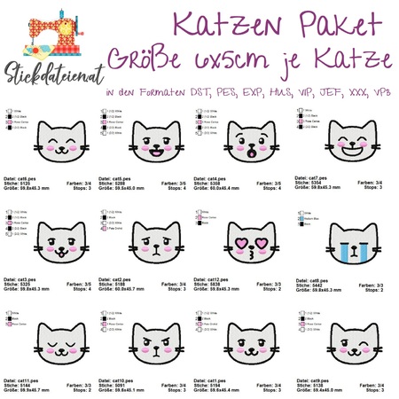 Katzen Stickdatei, Katzen Set Stickdateien, Maschinensticken
