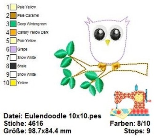 Applikation Eule Doodle, Stickdatei 10x10, Eulenapplikation