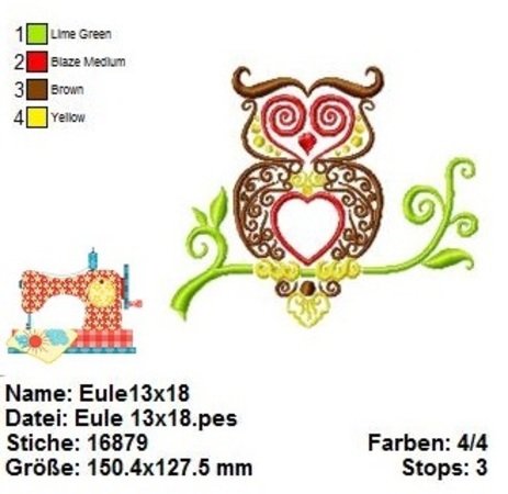 Stickdatei Eule elegant, Stickdatei 13x18, moderne Eule auf Ast