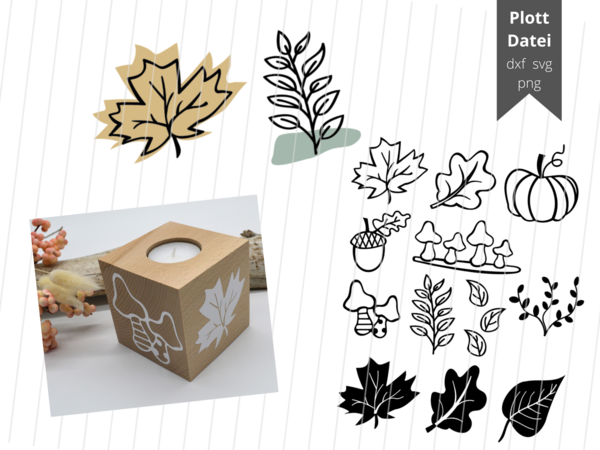 Plotterdatei Laub Blätter Herbst Pilze Kürbis SET