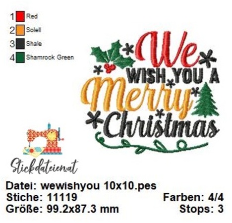 Stickdatei We Wish You A Merry Christmas, Stickvorlage frohe Weihnachten