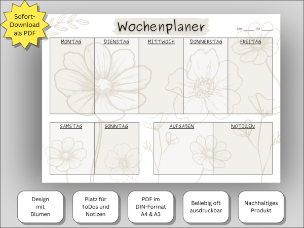 Wochenplaner im Blumen-Design mit Platz für ToDos+Notizen, DIN A3 + A4, PDF