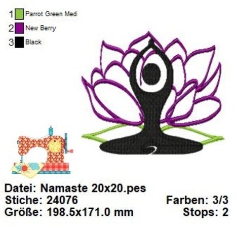 Stickdatei Namaste, Yoga Stickvorlage, Lotusblüte Stickdatei in 3 Größen