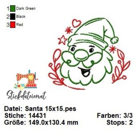 Santa Stickdatei, Weihnachtliche digitale Stickvorlage in 3 Größen