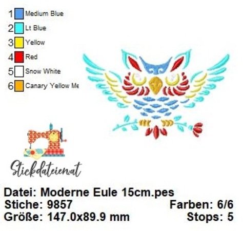 Stickdatei Eule, digitale Stickdatei Waldtiere, Bunte Eule Stickprojekt