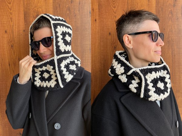 Granny square balaclava crochet pattern, handmade wool hood scoodie