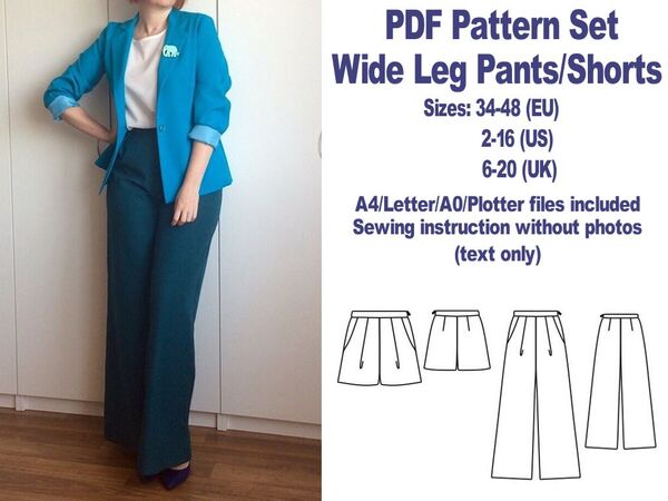 Wide Leg Pants Shorts Sewing Pattern PDF Trousers Sewing Patterns PDF