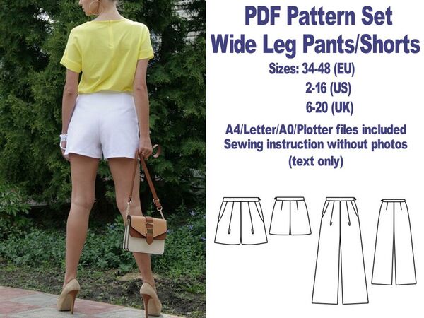 Wide Leg Pants Shorts Sewing Pattern PDF Trousers Sewing Patterns PDF
