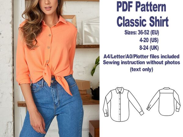 Classic Shirt Sewing Pattern PDF Sewing Patterns Women Clothes Patterns PDF