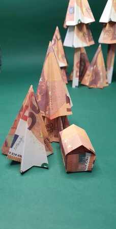 Origami Geldschein Wald mit Hütte (**)