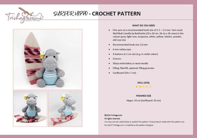 Surfer Hippo Amigurumi Crochet Pattern (in DE, ENG)
