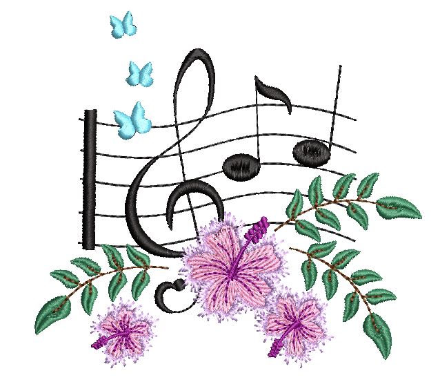 Stickdatei Musik Noten mit Hibiskusblüten verschiedene Größen