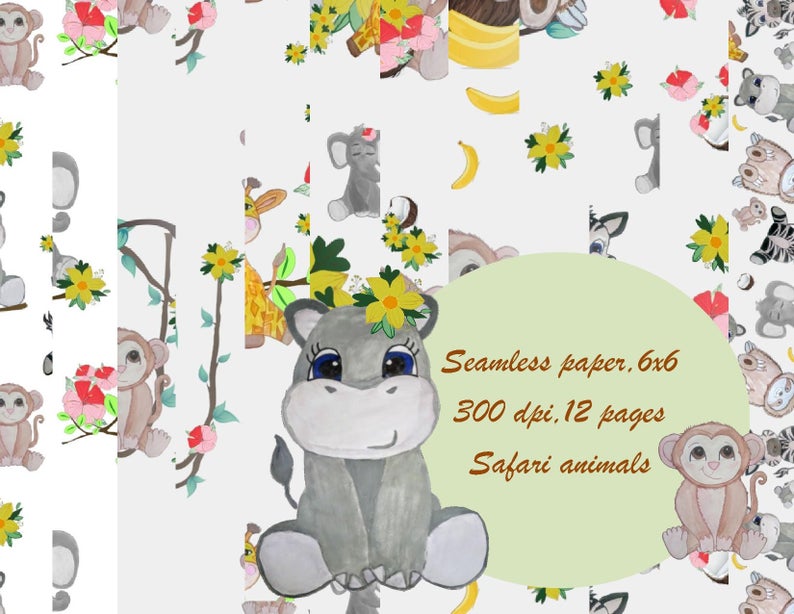 Seamless digital paper, Safari animals, Hand drawn