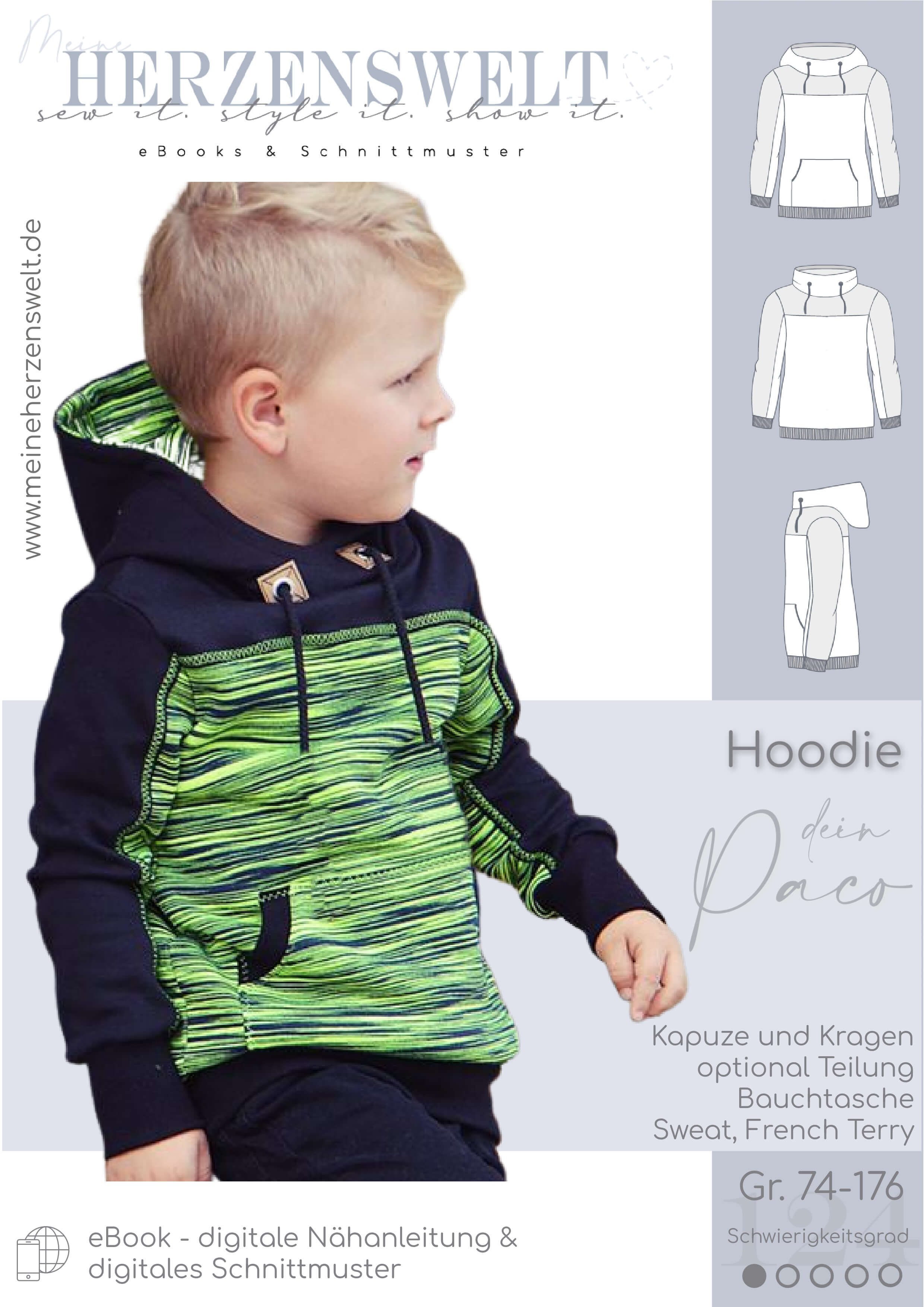 Hoodie Kinder – E-Book Schnittmuster Gr. 74-176 – dein Paco #124