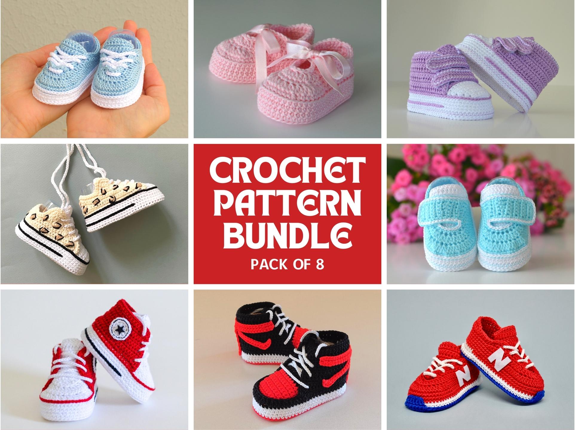 8 Crochet baby booties patterns bundle, newborn shoes, boy girl sneakers