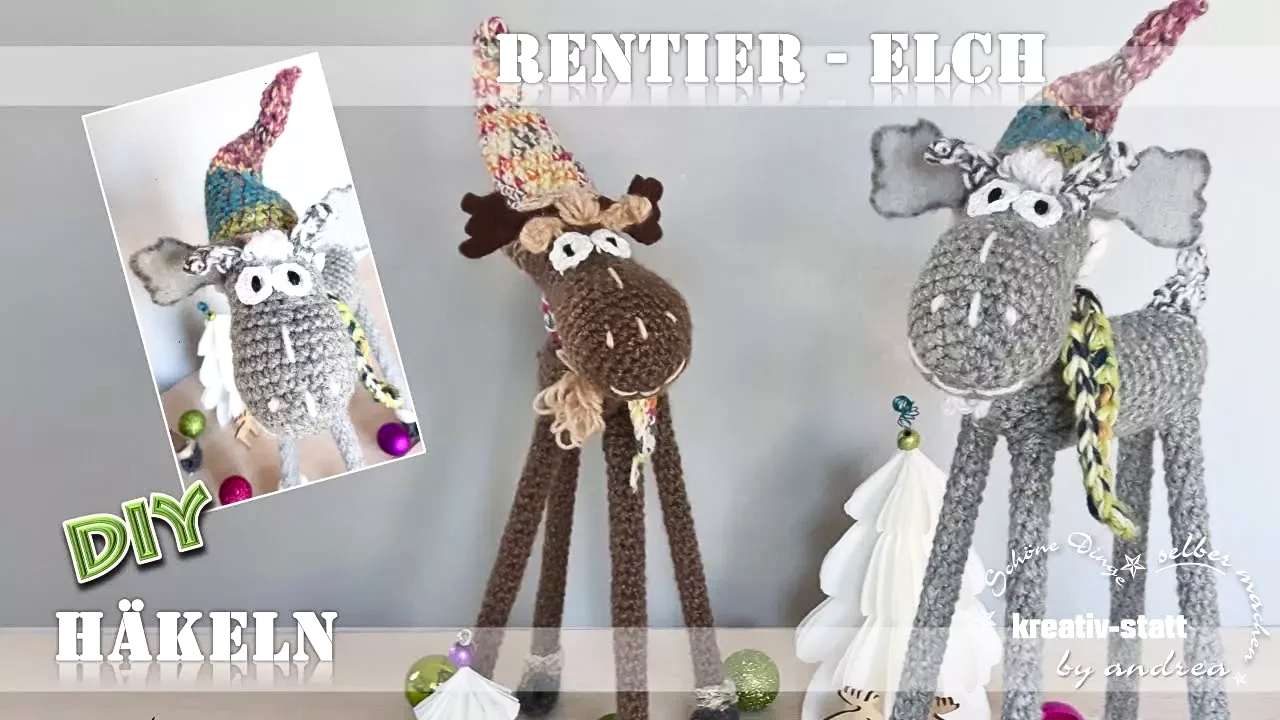 Lustiges Rentier, Elch mit langen Beinen und Wichtelmütze - Höhe ca. 35 cm