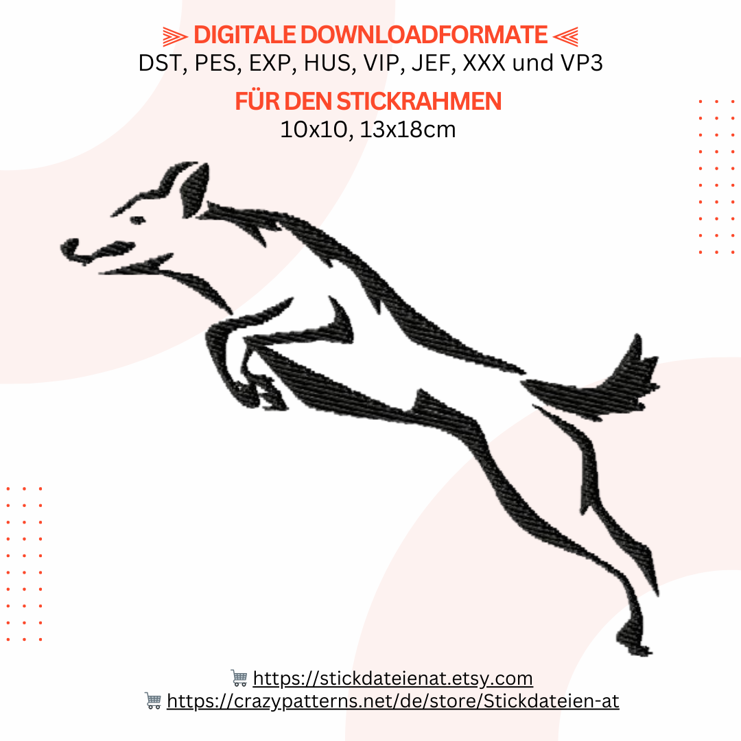 Hund Stickdatei, springender Hund Stickmuster, digitale Stickvorlage