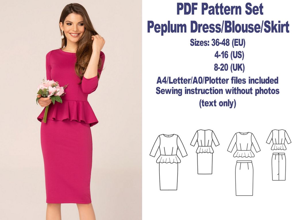 PDF Peplum Dress Sewing Pattern Pencil Skirt Pattern Peplum Blouse Pattern