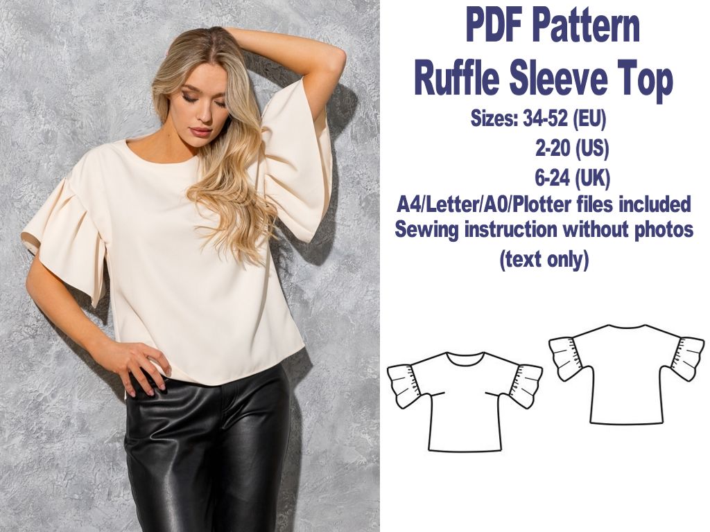 Ruffle Sleeve Top Pattern Blouse Pattern Sewing Patterns PDF Sewing Pattern