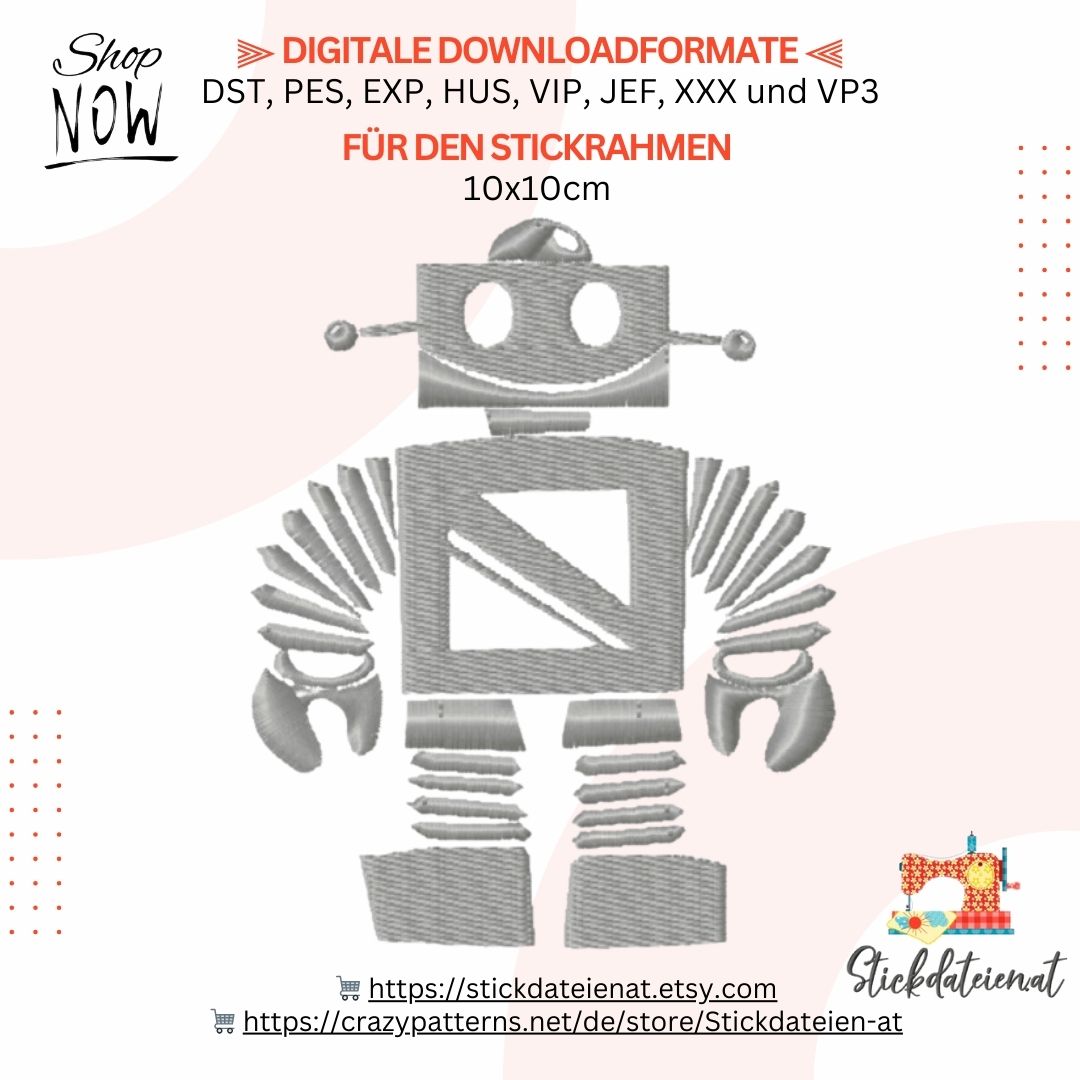 Stickdatei Roboter, Stickdatei 10x10, Datei für Maschinensticken