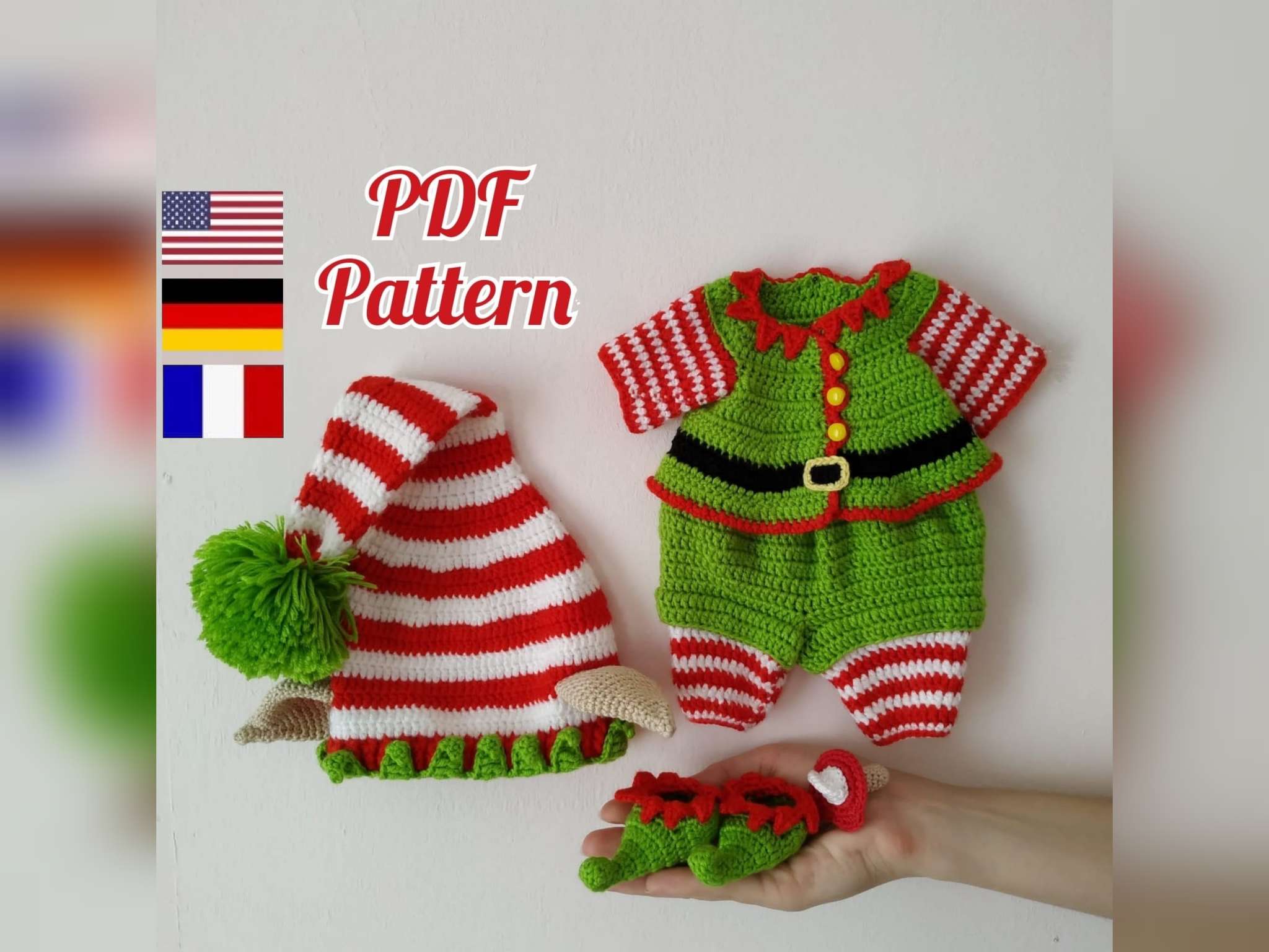 Crochet Christmas Elf clothes pattern for Lulu doll, amigurumi doll clothes