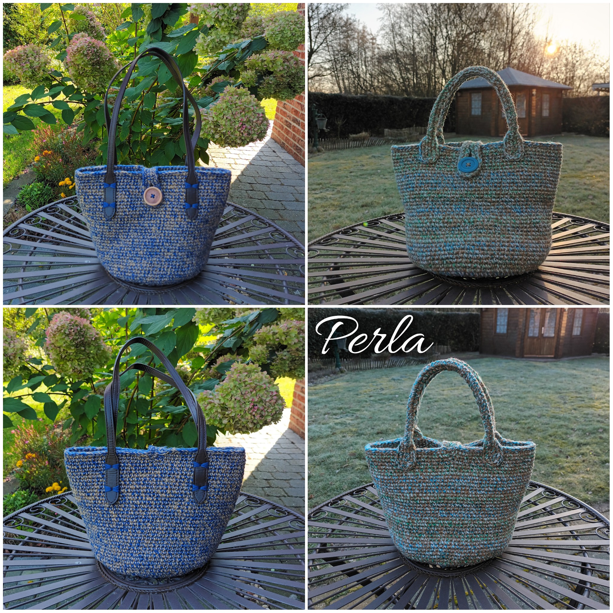 Häkelanleitung Häkeltasche, Korb "Perla" Jute+Mischgarn, 2 Henkel-Varianten