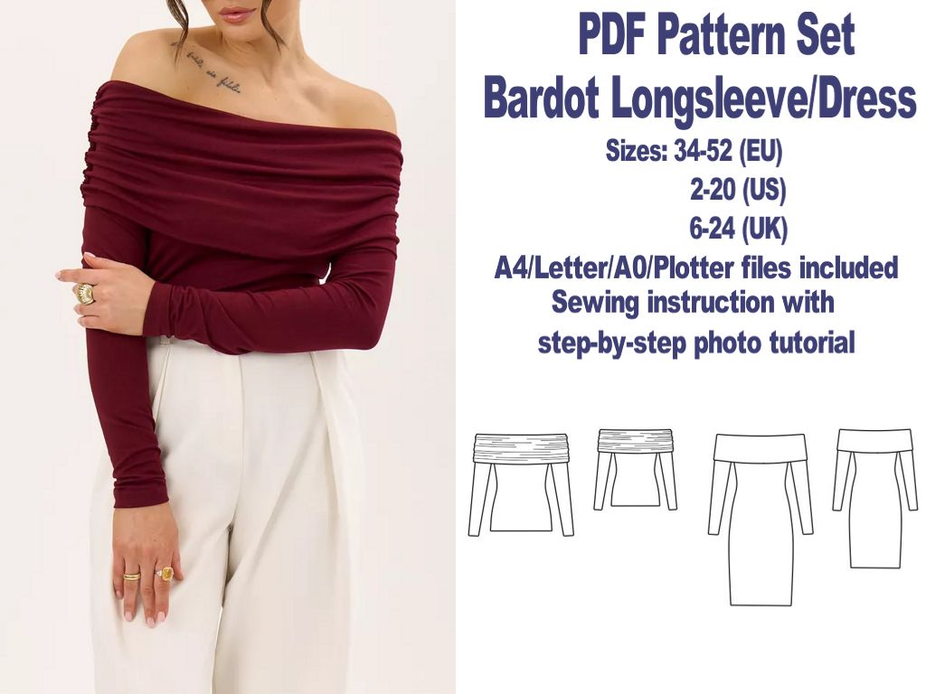 PDF Bardot Top Sewing Pattern Bardot Dress Pattern PDF Long sleeve Pattern