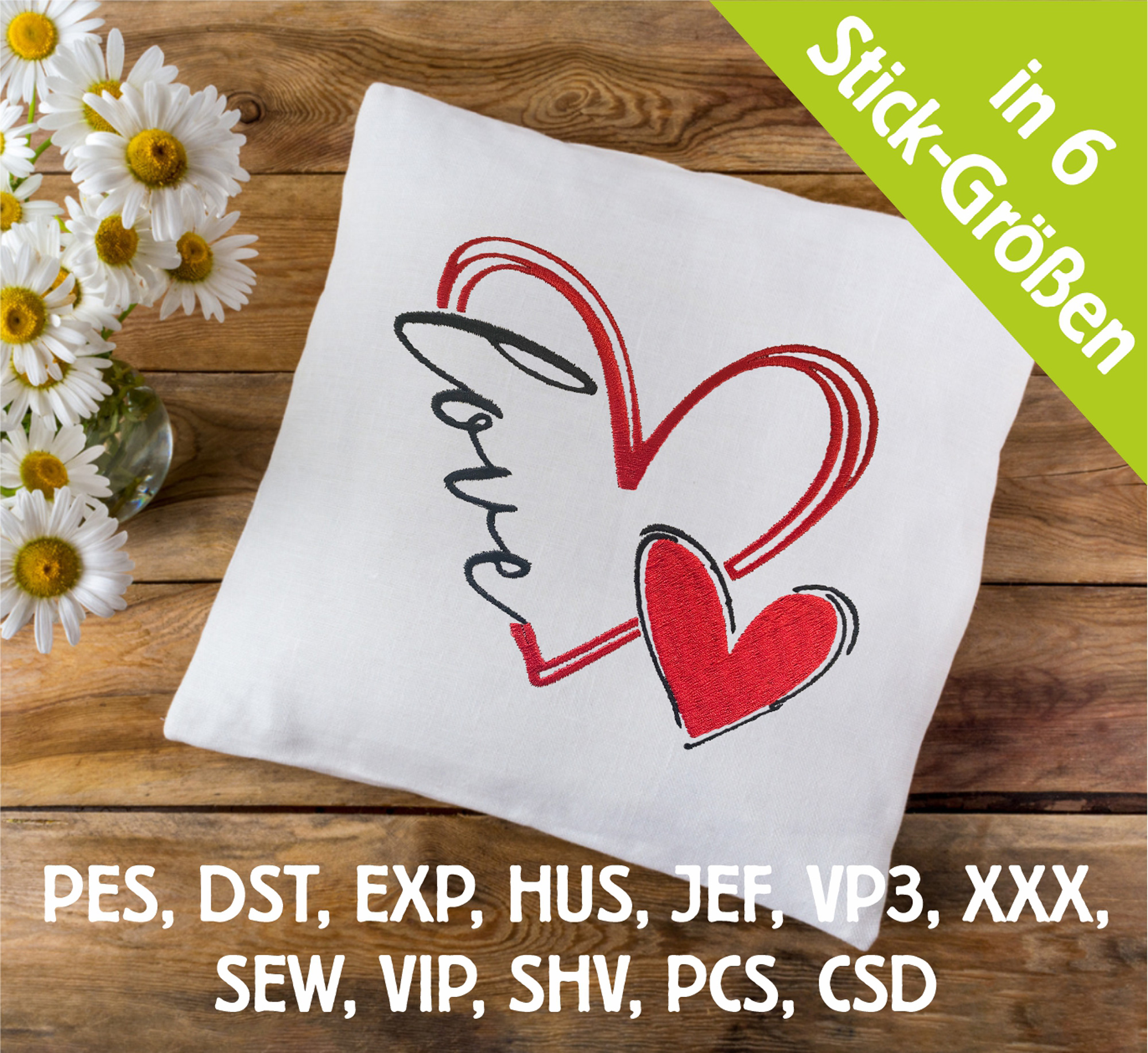 Stickdatei LOVE mit Herzen in 6 Größen, Maschinenstickdatei