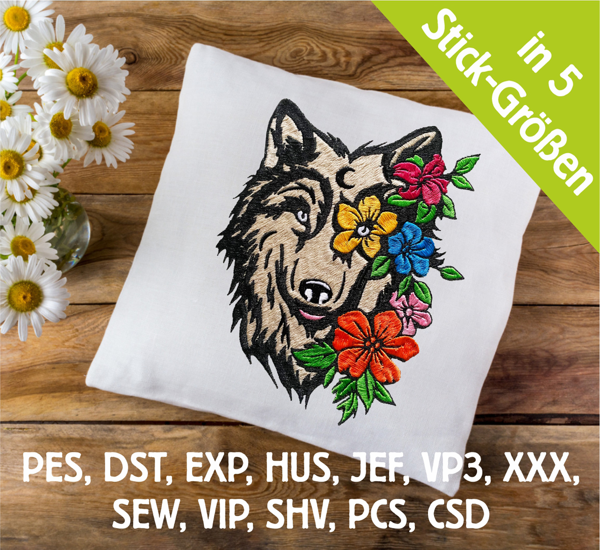 Stickdatei Wolf floral in 5 Größen, Maschinenstickdatei